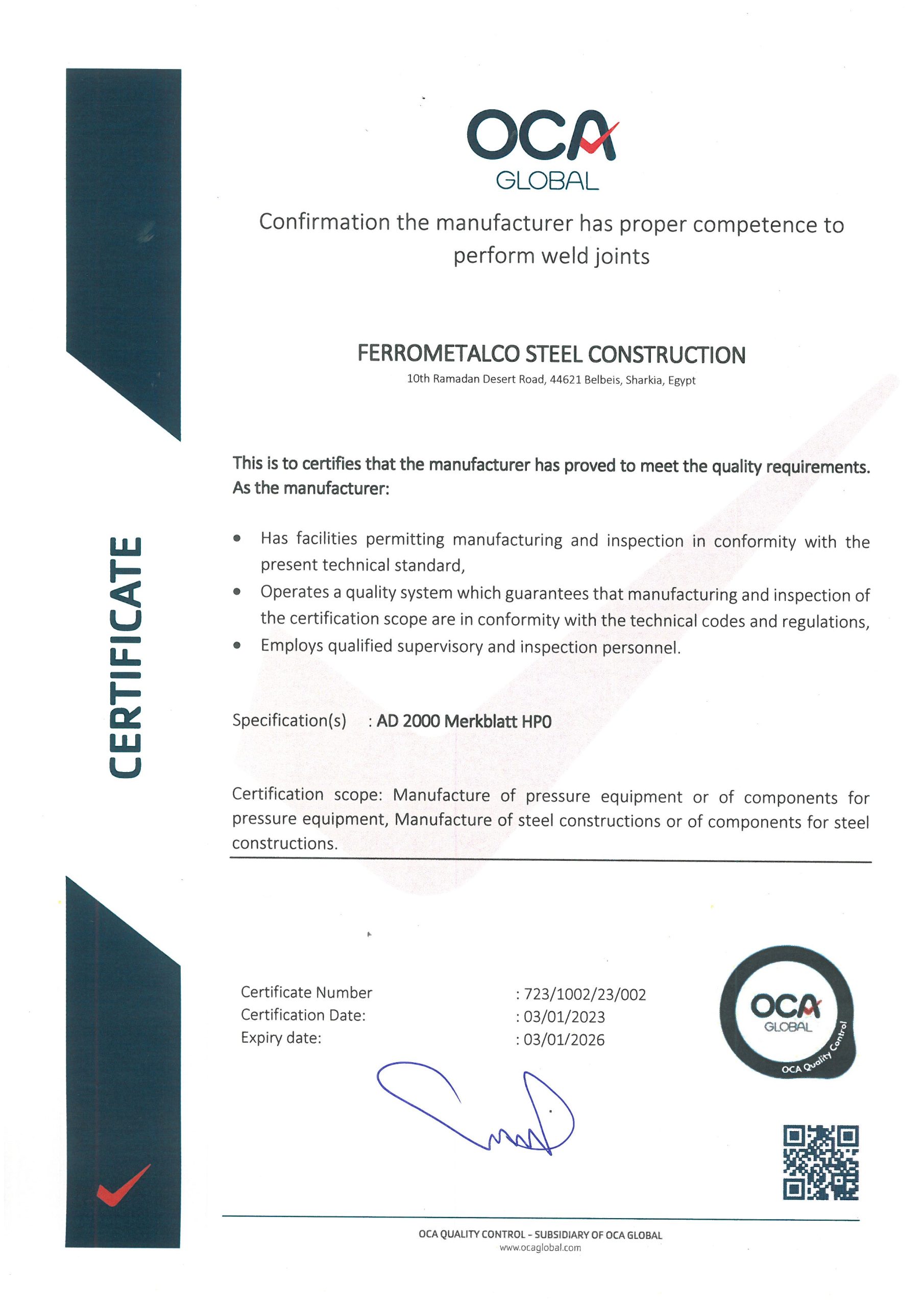 Certificates – Ferrometalco